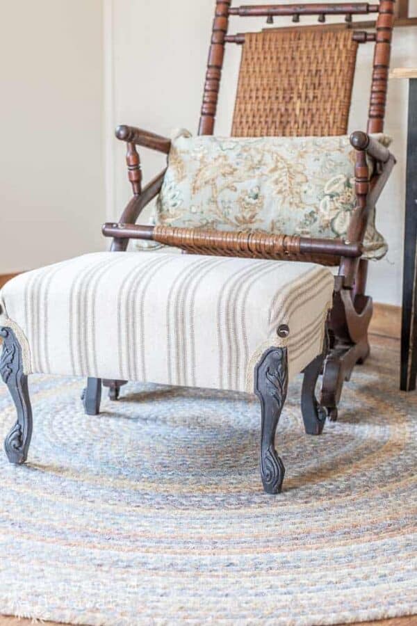 DIY Footstool Idea Using Grain Sack Fabric - Reinvented Delaware
