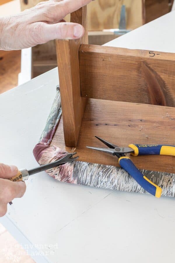 DIY Footstool Idea Using Grain Sack Fabric - Reinvented Delaware