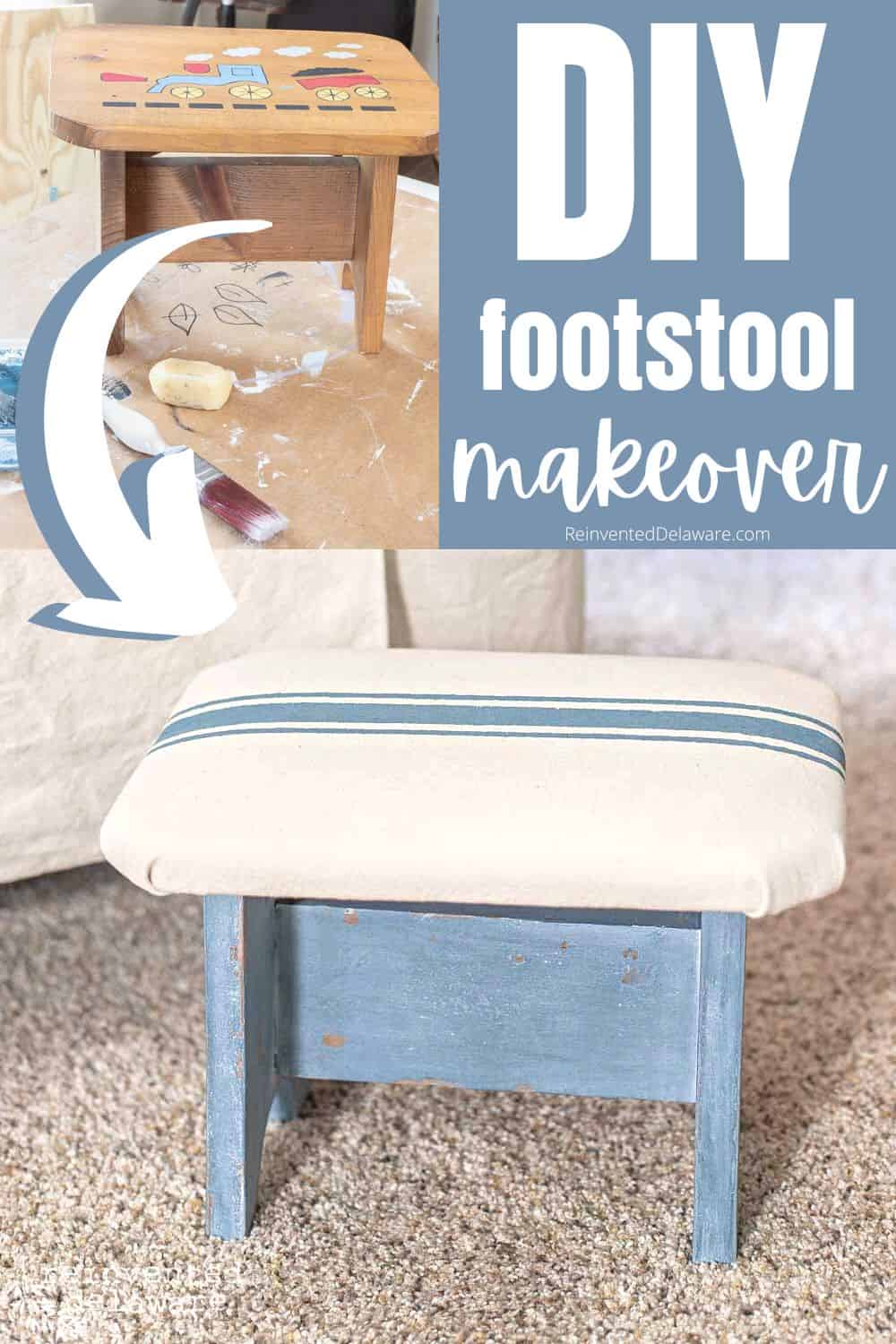 DIY Footstool Idea Using Grain Sack Fabric - Reinvented Delaware